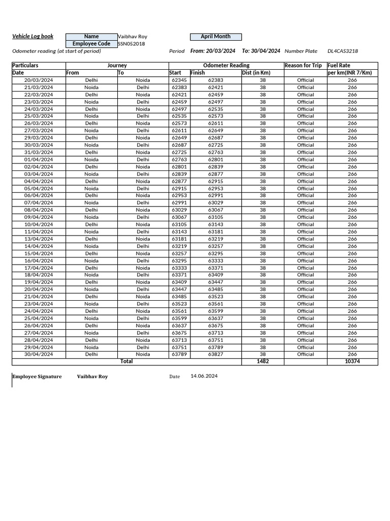 April 2024 Vehicle Log Book | PDF | Vehicles