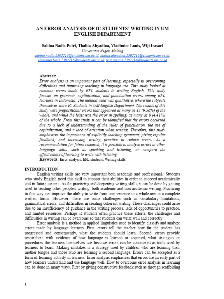 Error Analysis of UM EFL Students' Writing | PDF | Grammatical Tense ...