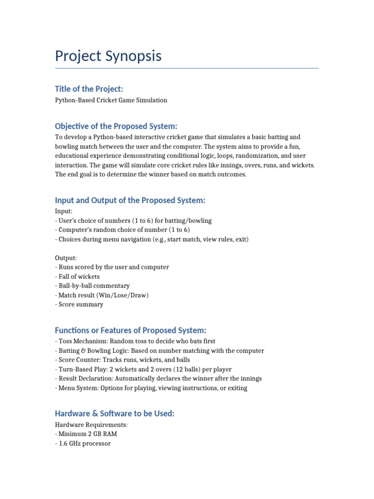 Cricket Game Project Synopsis | PDF