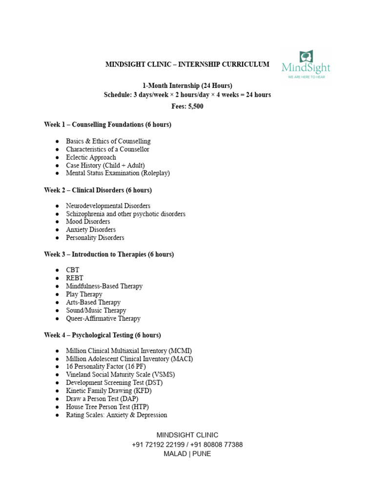 Mindsight Clinic Internship Curriculum | PDF | Mental Disorder ...