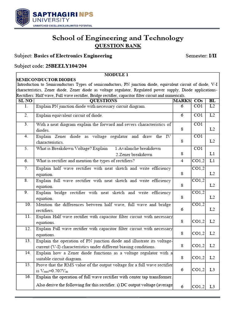 4.bec - Question Bank - Module 1& 2 - 2025 - 26 | PDF | Bipolar Junction Transistor | Rectifier