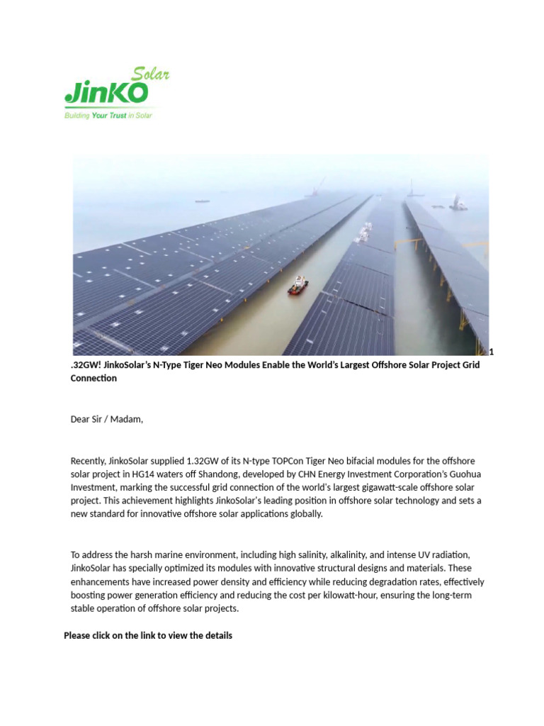 1.32GW! JinkoSolar's N-Type Tiger Neo Modules Enable The World's ...