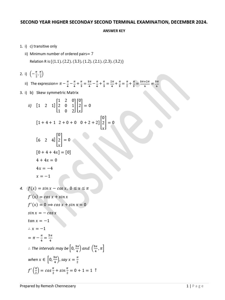 Second Year Exam Answer Key 2024 | PDF | Linear Algebra | Algebra
