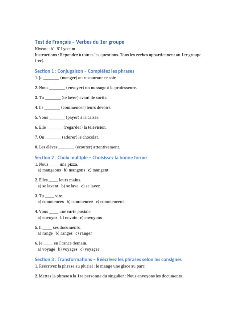 Test de Français : Conjugaison des Verbes -er | PDF