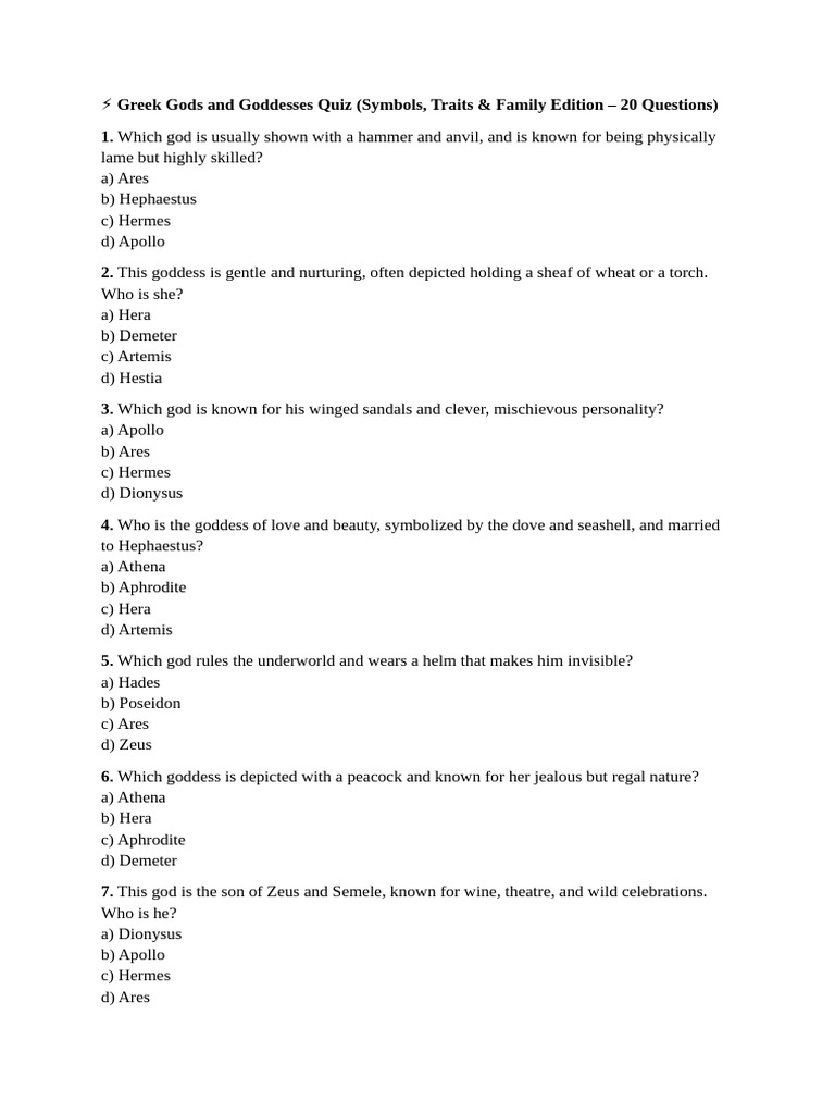 Greek Gods and Goddesses Quiz | PDF | Twelve Olympians | Hera