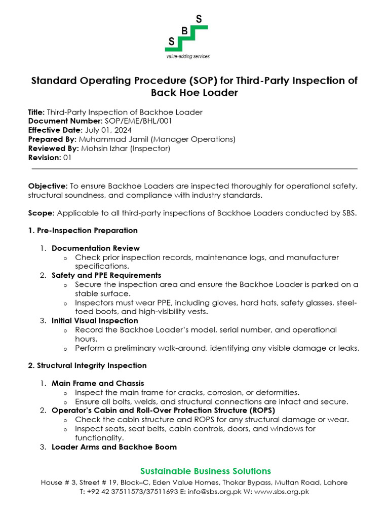 Third-Party Backhoe Loader Inspection SOP | PDF | Loader (Equipment) | Leak