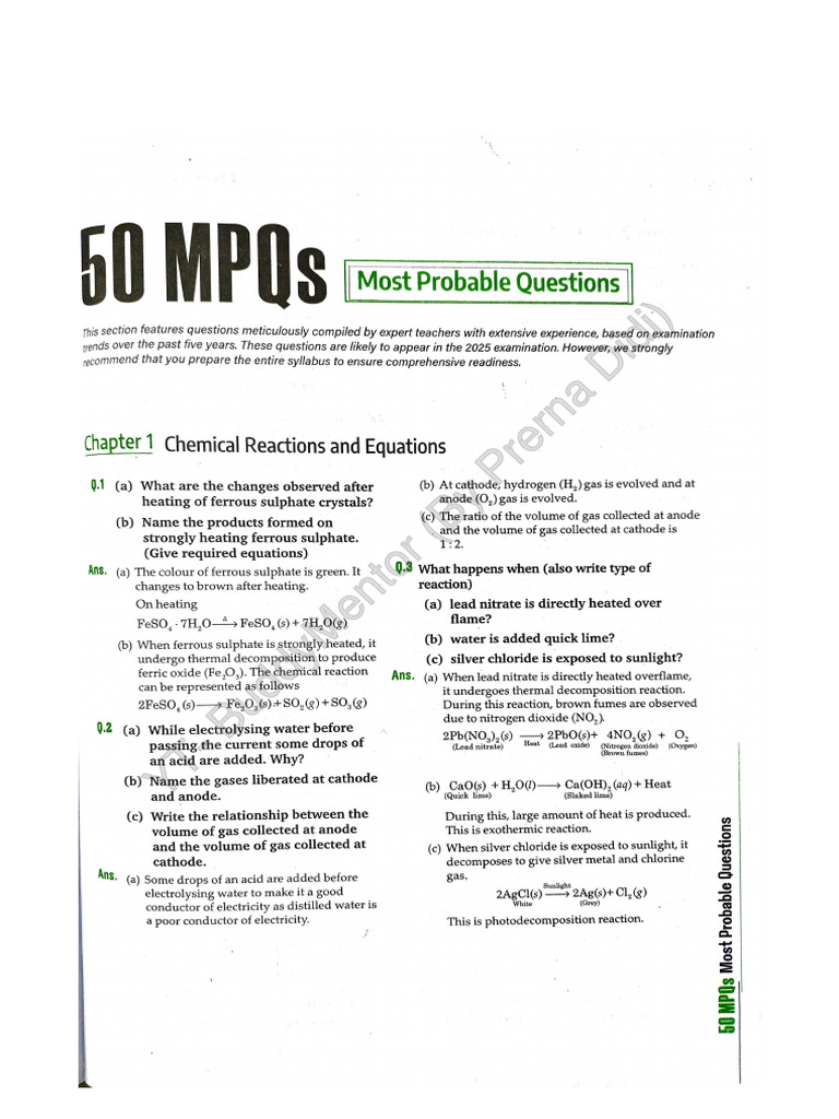 Class 10 Science Important Questions | PDF