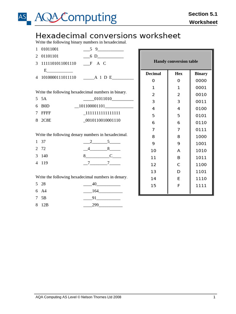 Binary Lesson 4 - Hexadecimal Conversions Wor | PDF