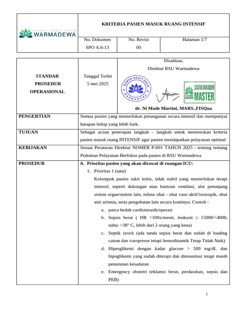 Spo a.6-13 Kriteria Pasien Masuk Ruang Intensif | PDF