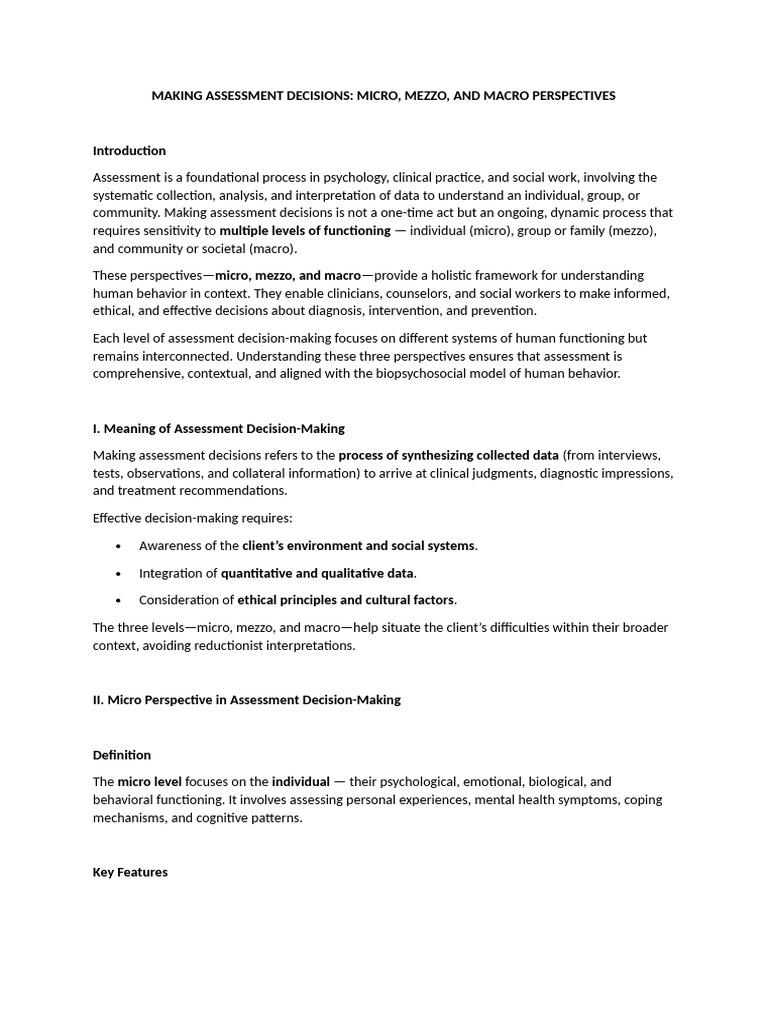 Assessment Decisions: Micro, Mezzo, Macro | PDF | Mental Health ...