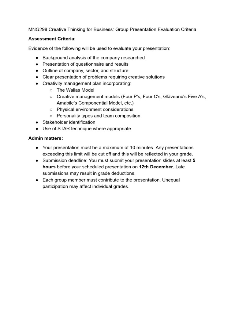 MNG298 Creative Thinking For Business - Presentation Evaluation ...