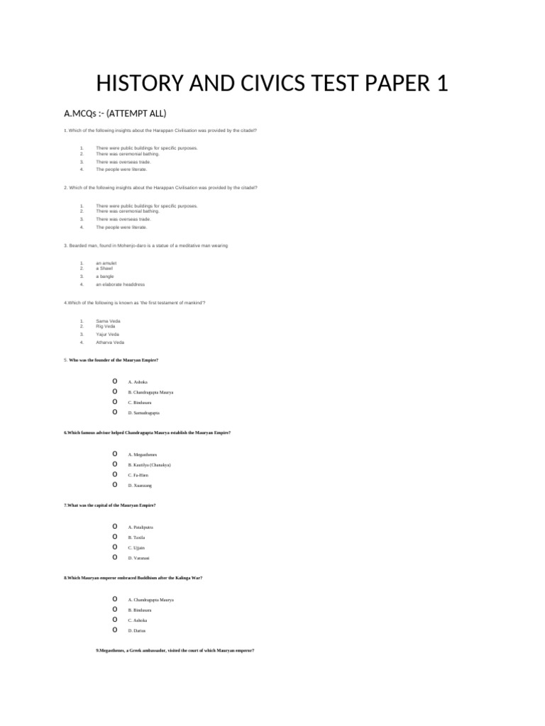 History and Civics Test Paper 1 | PDF | Ashoka | Habeas Corpus