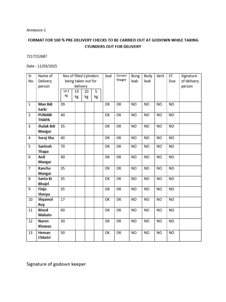 Pre-Delivery Cylinder Check Format | PDF