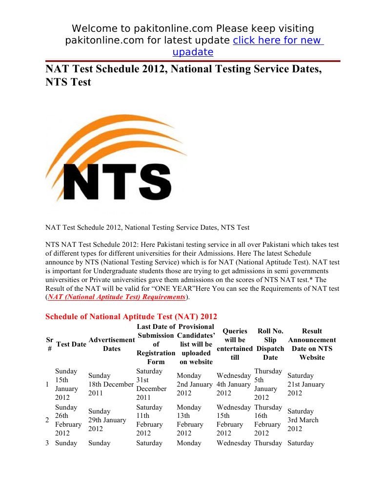 NAT Test Schedule 2012, National Testing Service Dates, NTS Test | PDF ...