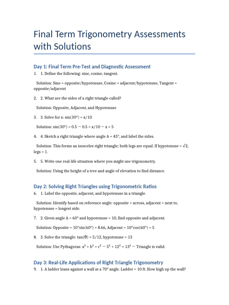 Trigonometry_Assessments_with_Solutions (1) | PDF | Trigonometric ...
