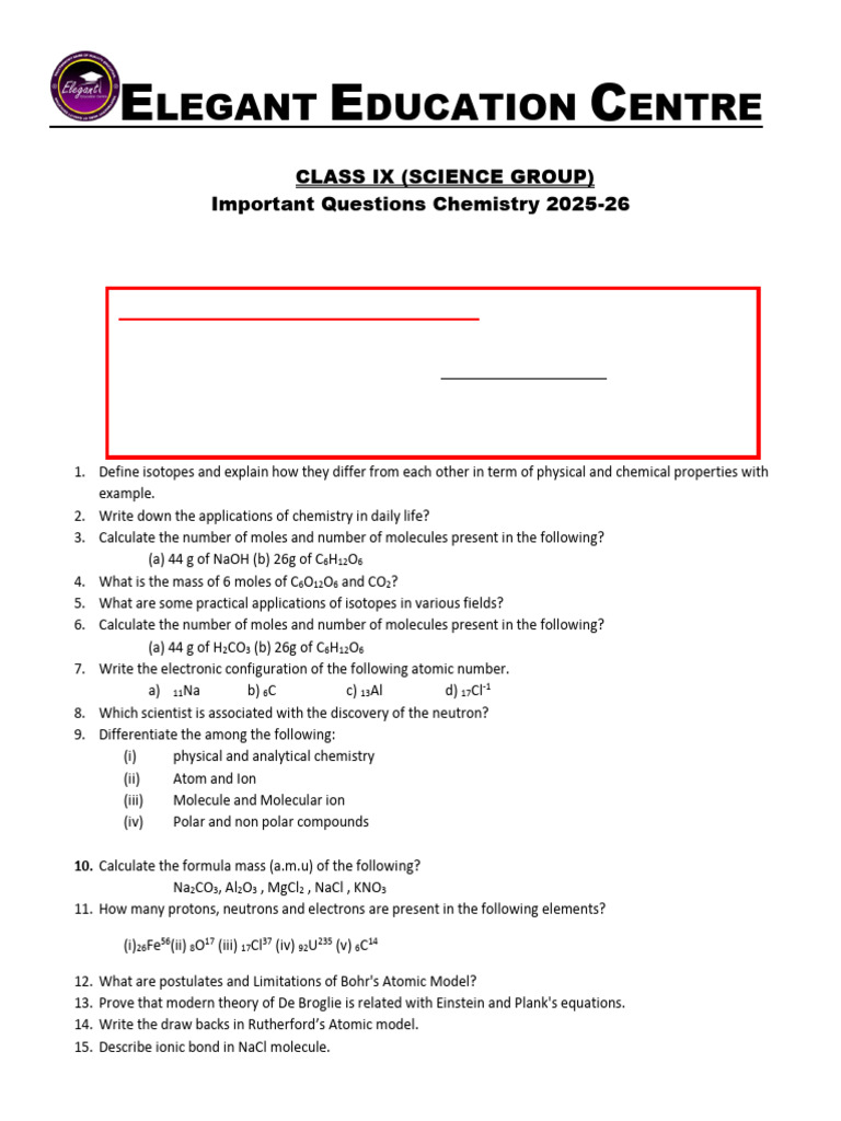 Important Chemistry Questions for Class IX | PDF | Molecules | Chemistry