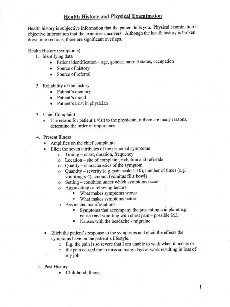 Health History & Physical Examination - Handout | PDF