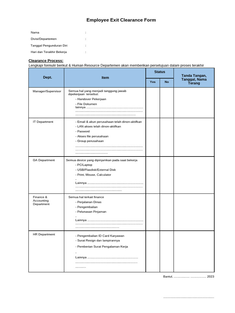 Formulir Clearance Karyawan Keluar | PDF