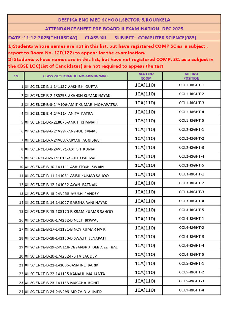 Seating Plan Class 12 Computer Science Pre-board-II Dec 2025 | PDF