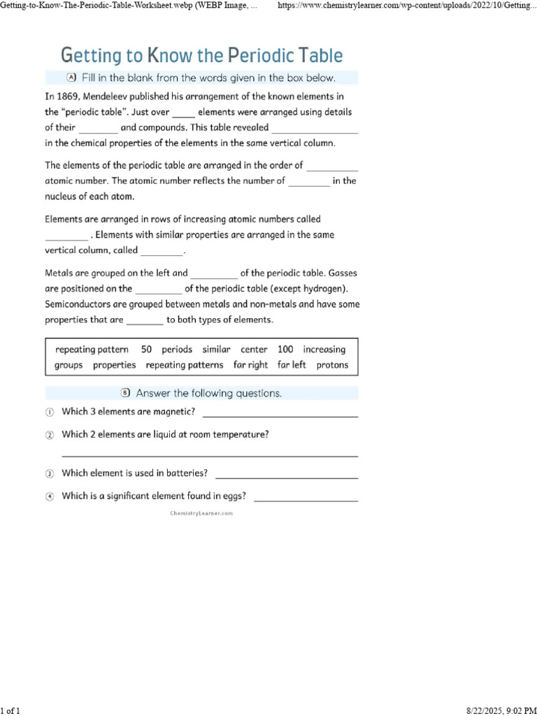 Getting To Know The Periodic Table Worksheet | PDF