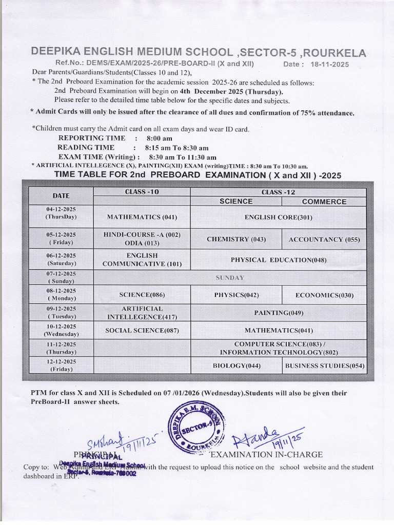 REVISED Time Table Pre Board 2 (Class X XII) Exam DEC 2025 26 | PDF