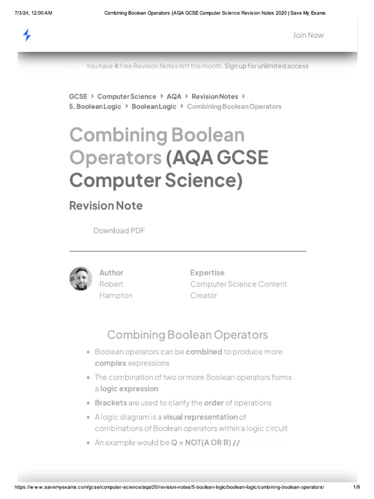 Combining Boolean Operators (AQA GCSE Computer Science) | PDF