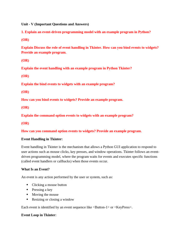 Python Important Questions (Unit - V) | PDF | Menu (Computing) | Window ...