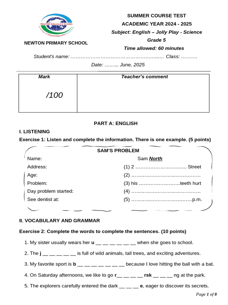 Grade 5 Summer Course English Test | PDF | Dumpling | Blood