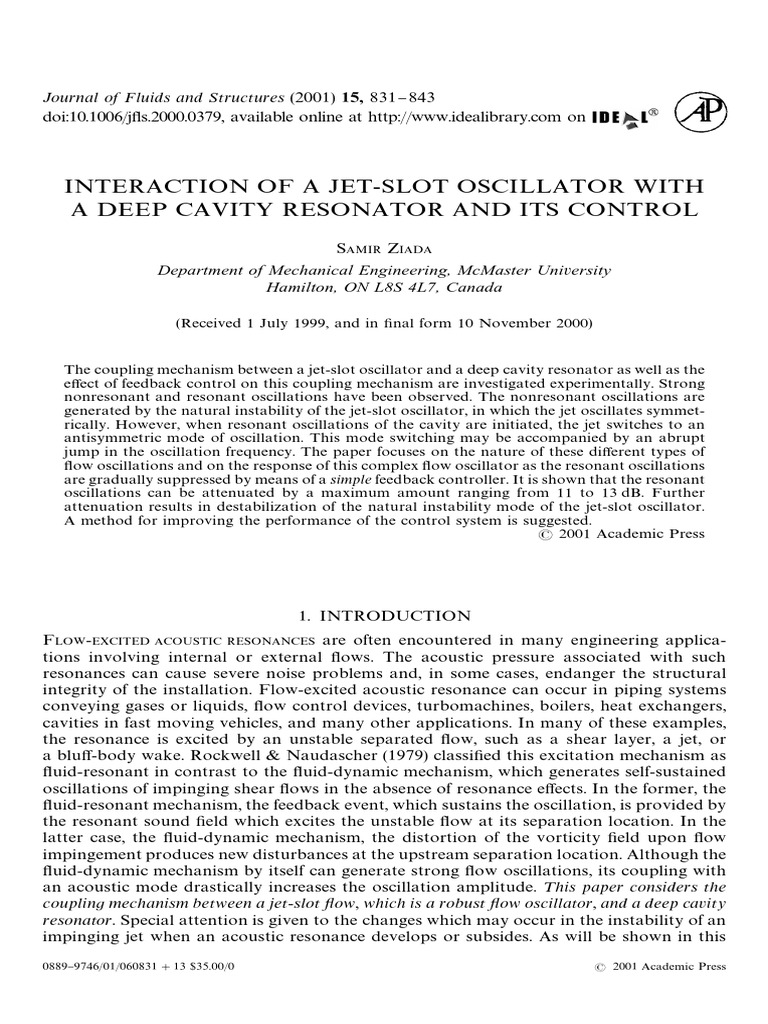 Interaction of A Jet Slot Oscillator With A Deep CA 2001 Journal of ...