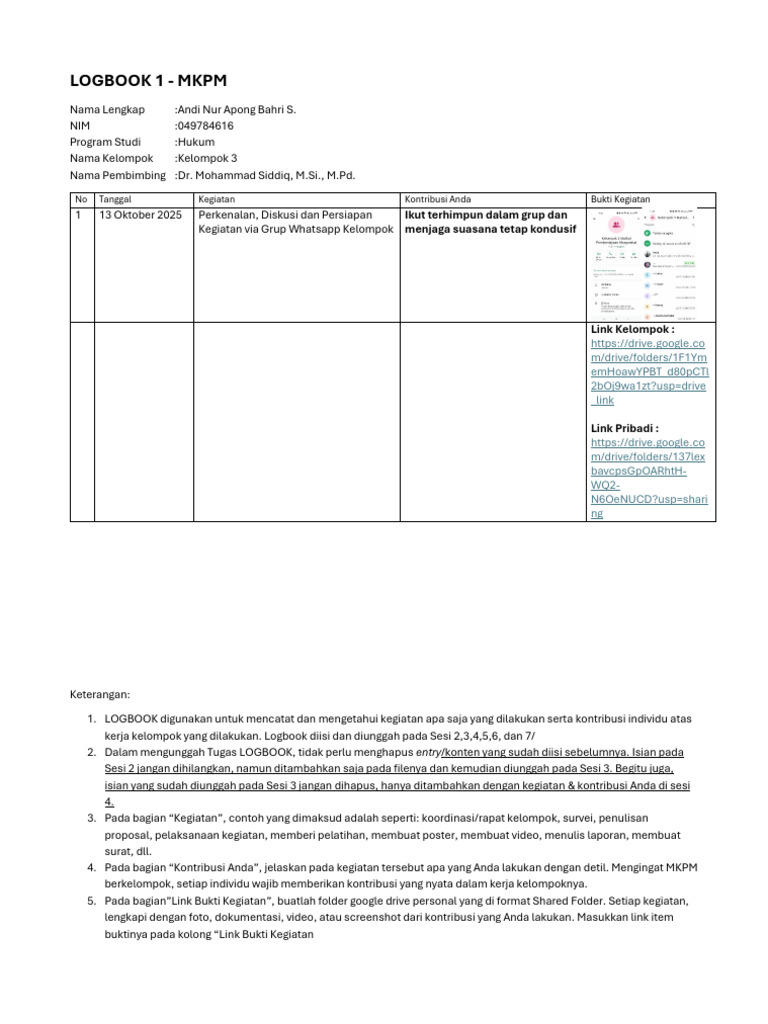 Logbook Kegiatan MKPM Hukum Andi Nur Apong | PDF
