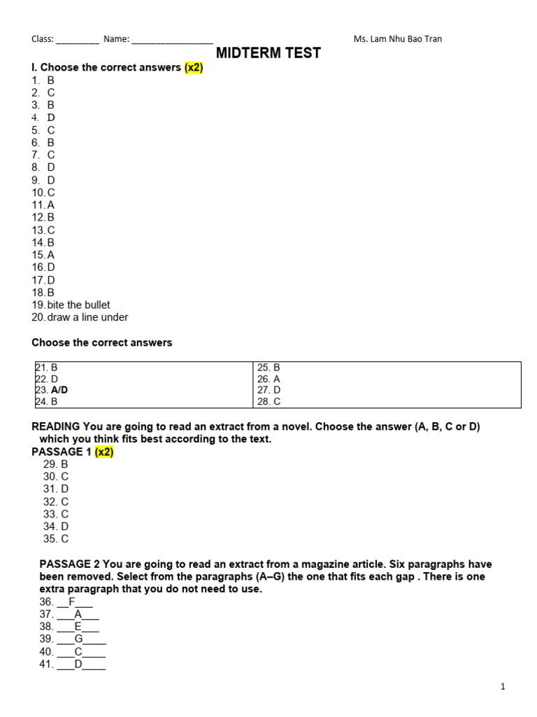 Midterm Test Answer Key and Exercises | PDF
