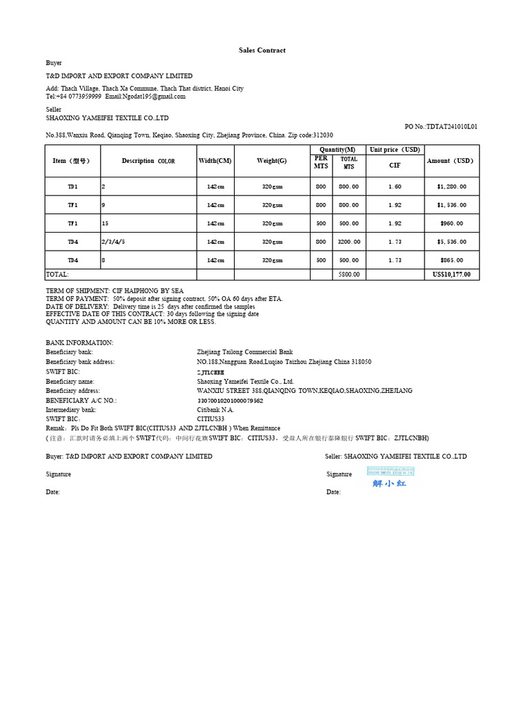 Sales Contract for Textile Import | PDF | Business Law | Private Law