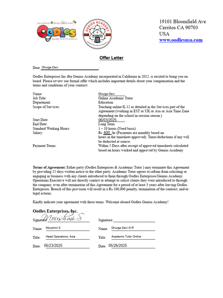 Genius Academy Offer Letter - Tutor | PDF | Teachers | Indemnity