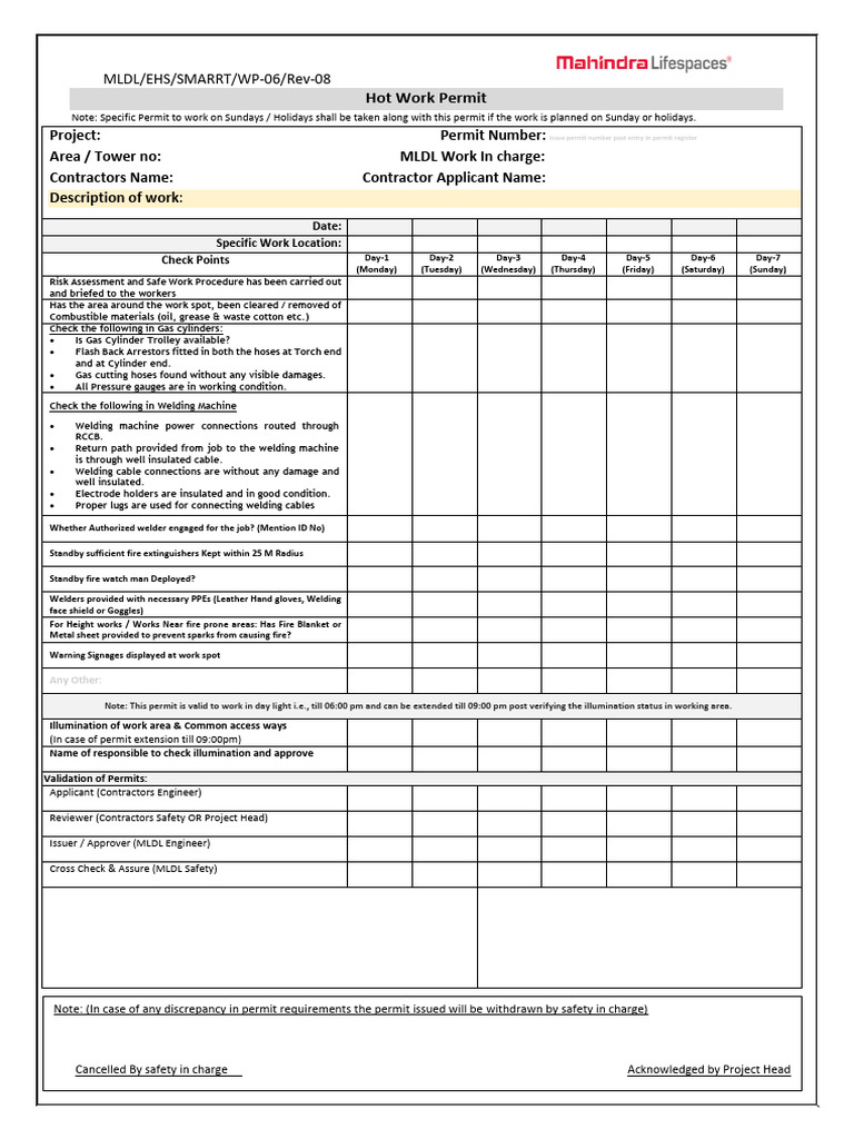 Hot Work Permit Checklist and Guidelines | PDF | Welding | Construction
