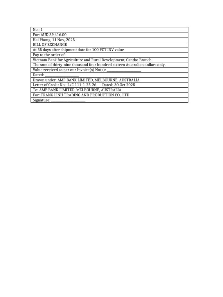 Bill of Exchange for AUD 39,416 | PDF