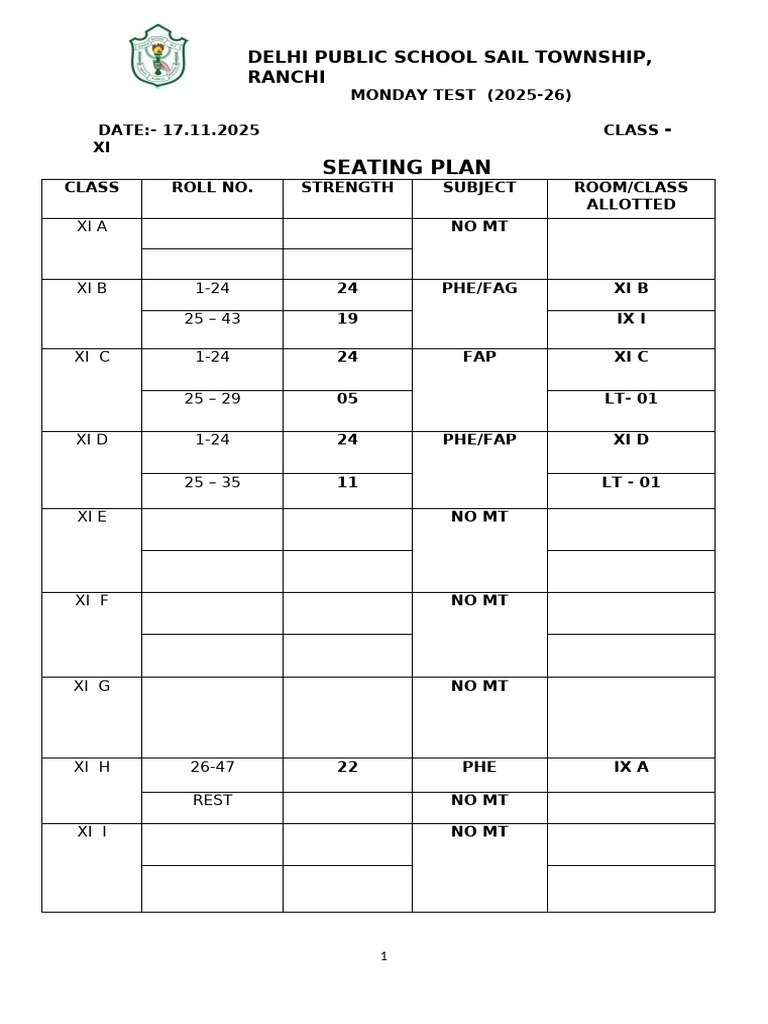 Xi Seating Plan Monday Test 17.11.2025 | PDF