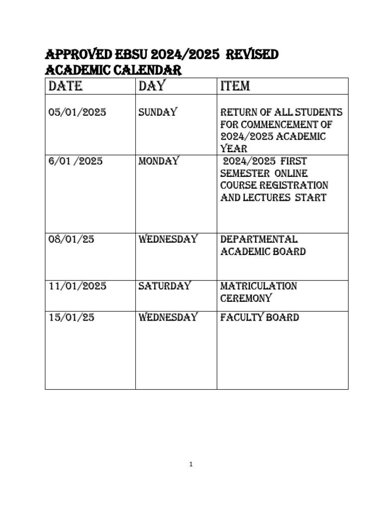 EBSU 2024/2025 Academic Calendar | PDF | Academic Term | Educational Stages