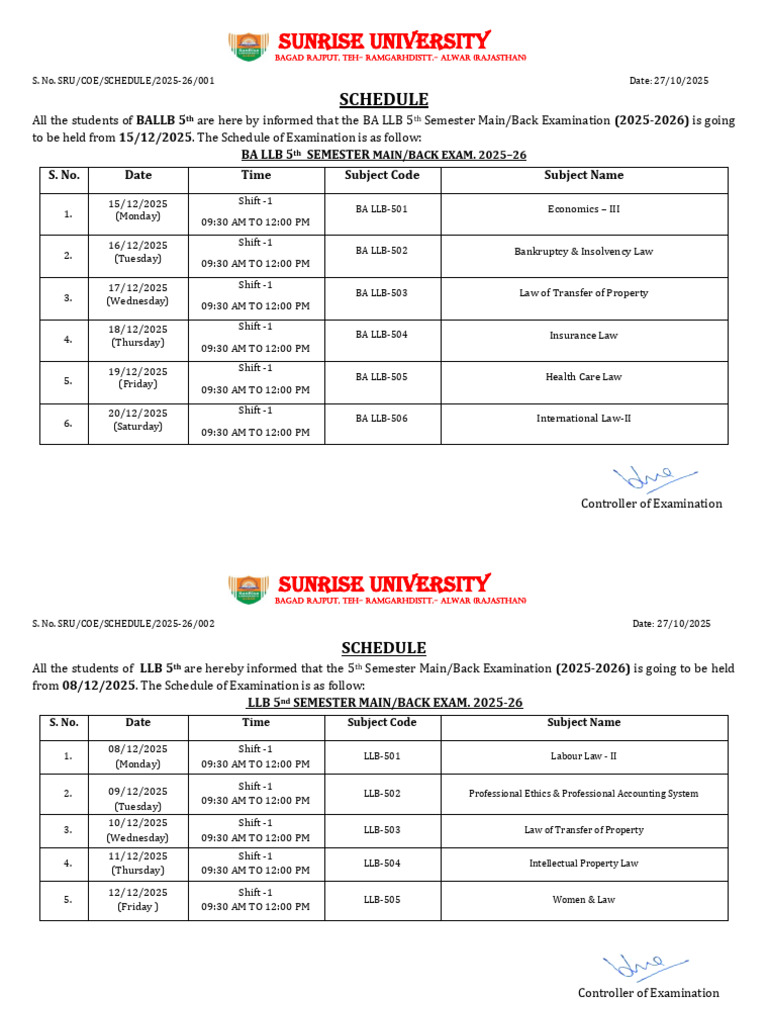 5TH SEMESTER SCHEDULE | PDF