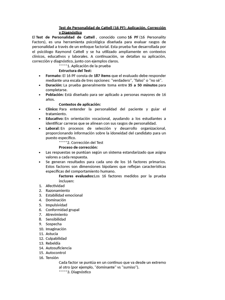 Test de Cattell 16 PF: Aplicación y Diagnóstico | PDF | Pensamiento ...