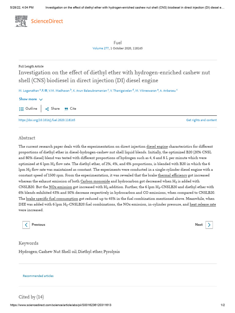 Investigation On The Effect of Diethyl Ether With Hydrogen | PDF ...