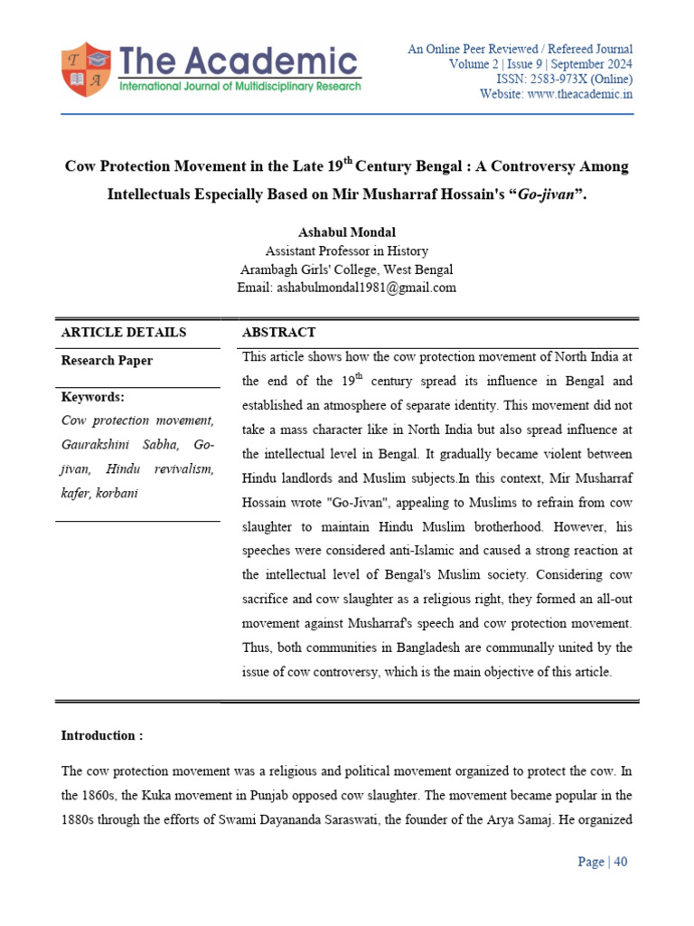 Cow Protection Movement in 19th Century Bengal | PDF