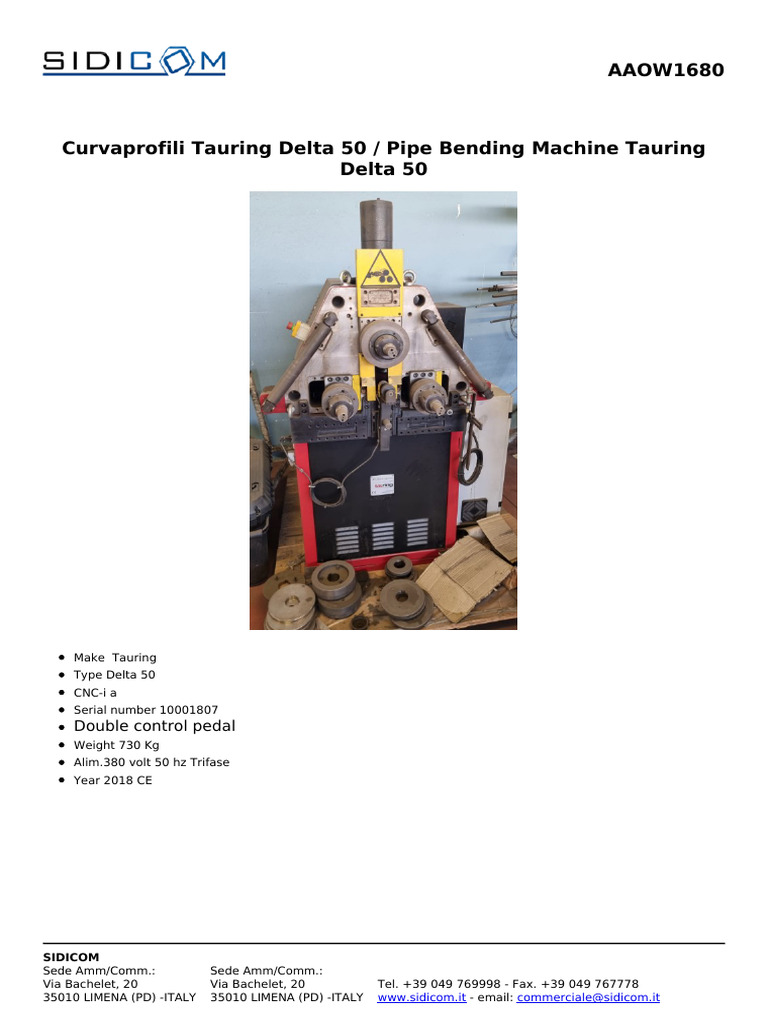 Pipe Bending Machine Tauring Delta 50 | PDF