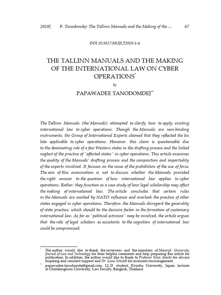 The Tallinn Manuals and The Making of TH | PDF | International Law ...