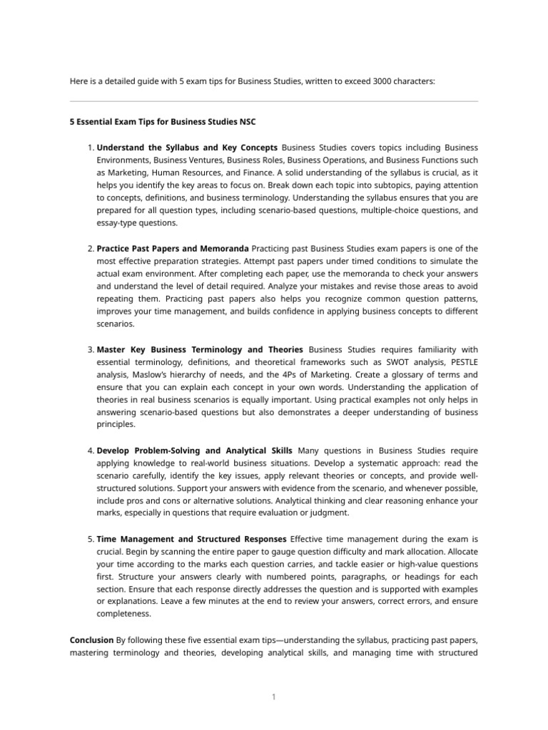Business Studies Exam Tips | PDF | Theory | Thought