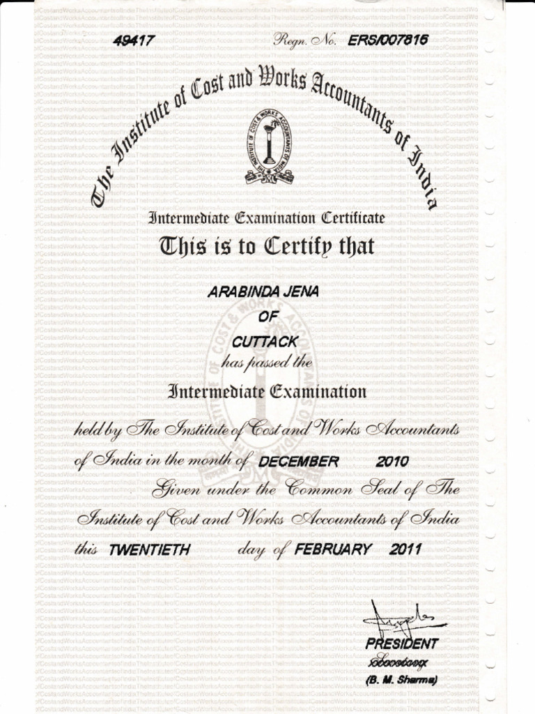 CMA Inter Certificate | PDF
