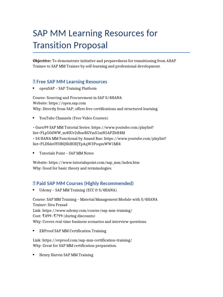 SAP MM Resources Transition Proposal | PDF