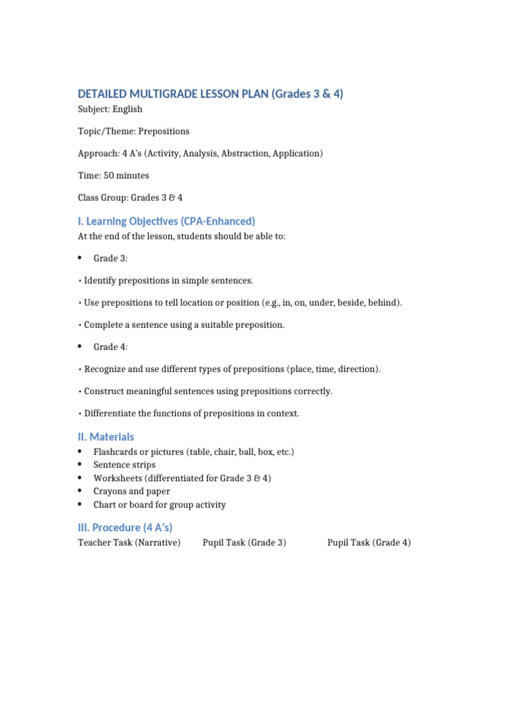 DETAILED MULTIGRADE LESSON PLAN Prepositions Grades3and4 | PDF | Lesson ...