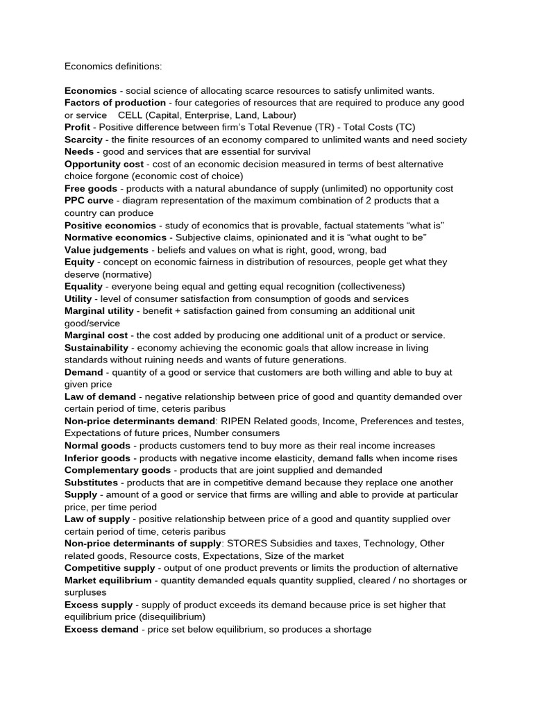 Economics Definition Sheet | PDF | Demand | Economic Equilibrium