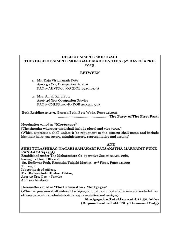 Deed of Simple Mortgage - Raju Pote | PDF | Mortgage Law | Interest