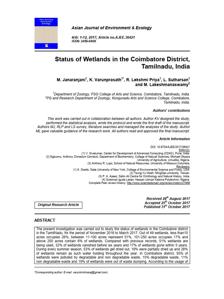 Wetland Status in Coimbatore, Tamil Nadu | PDF | Wetland | Pond